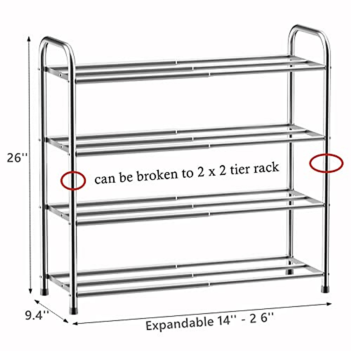 4-Tier Stackable & Expandable Shoe Rack for Closet Adjustable Organizer Storage Stainless Steel Shoe Shelf for Entryway, Bedroom, Dorm Room, Outdoor