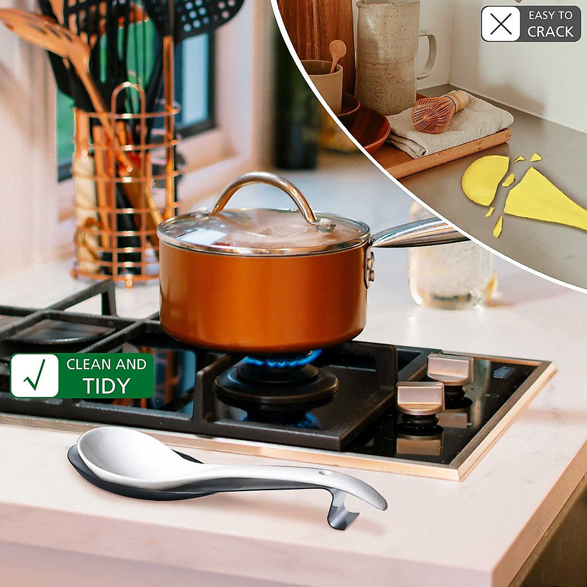 Pretty Jolly Stainless Steel Black Spoon Rest for Kitchen Counter Cooking Utensil Rest Spoon Ladle Holder for Stove Top Rust Resistant Large Size Spatula Rests Dishwasher Safe 9.61 x 3.74 Inch(2PCS)