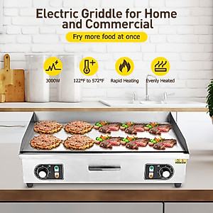 Takywep 30Inch Electric Griddle，Commercial Electric Countertop Grill, Non-Stick Electric Grill Plate (With Plug), Adjustable Temperature Control 122°F-572°F, 1600W/110V