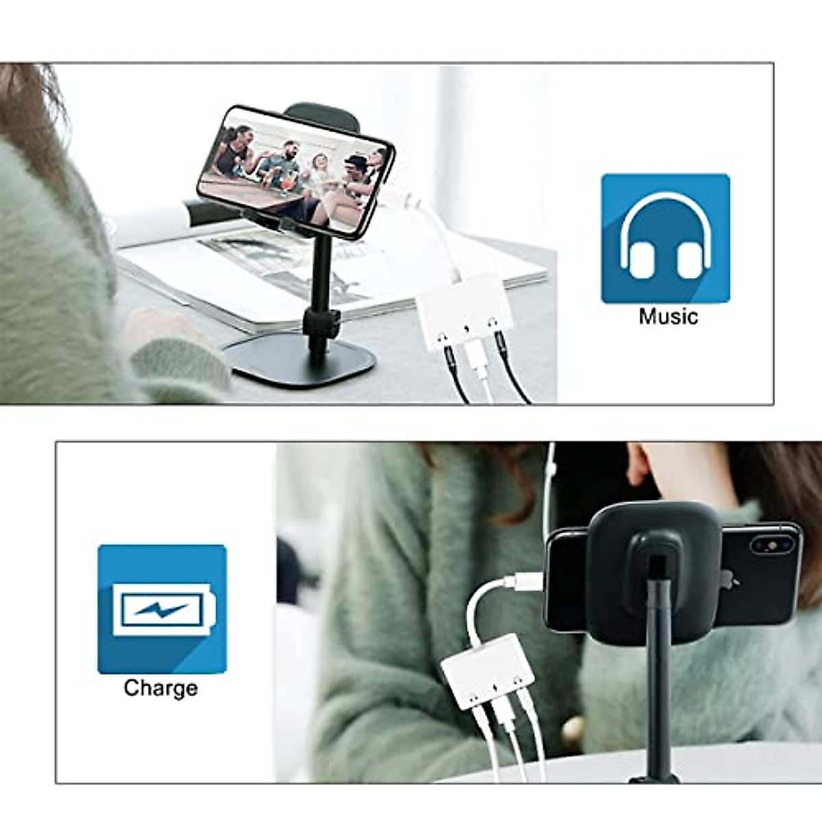 FEINODI Dual 3.5mm iPhone Headphone Splitter, 3 in 1 iPhone Adapter for Headphone Jack, with Charging iPhone Splitter, Compatible with iPhone 13/12/11/X/8/8plus/7/7plus/iPad-Support iOS 15