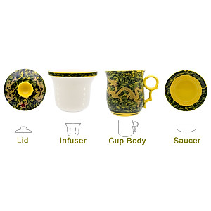 Ameolela Porcelain Tea Cup with Infuser Lid and Saucer Sets - Chinese Jingdezhen Ceramics Coffee Mug Teacup Loose Leaf Tea Brewing System for Home Office