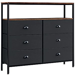 PRAISUN Larger Dresser for Bedroom, 6 Drawers Dresser with Shelves, Chest of Drawers for Living Room, Hallway, Closets and Nursery - Black