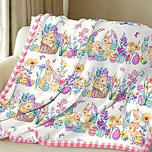 kopudka Easter Throw Blanket Decorations Egg Spring Blankets Rabbit Decor Flannel with Bunny Lilies Wicker Basket Wildflower Throws 50x60 inch