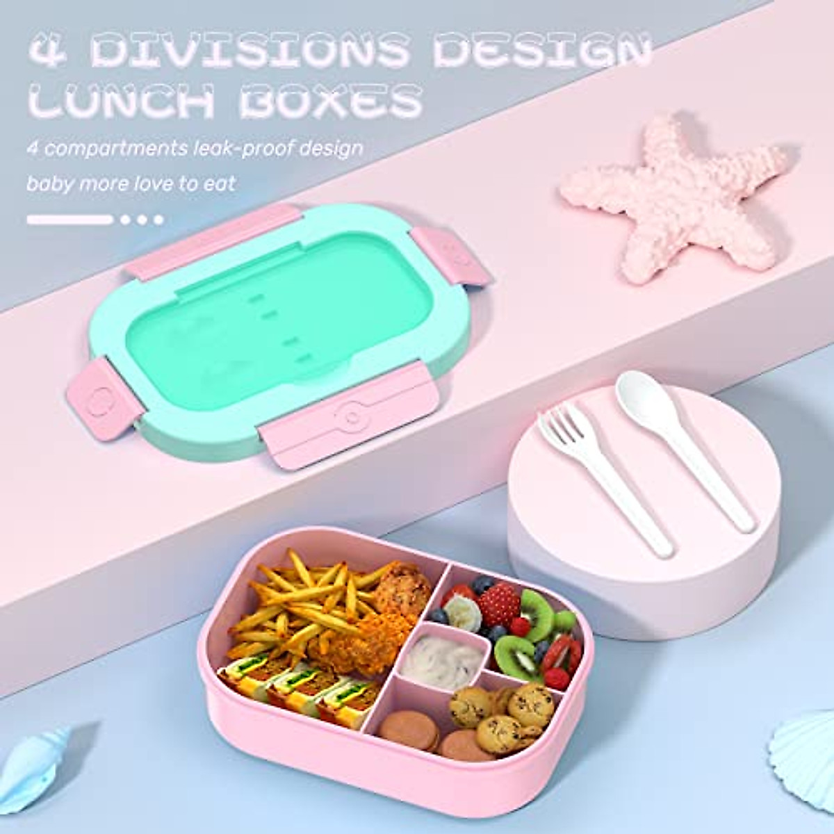 TEVIKE Kids & Adults Bento Lunch Box-4 Compartment Leak-Proof Food Containers with Fork & Spoon, BPA Free, Bento Adult Lunch Box for Work School, Microwave & Dishwasher Safe (Misty Mint-Pk)