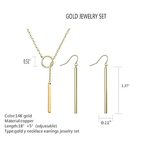 Dcfywl731 Minimal Dainty Gold Plated Dangle Earrings Layered Bar Pendant Neckalce Gold Long Y-Necklace Gold Earrings and Necklaces Set Delicate Lariat Chain Jewelry for Women