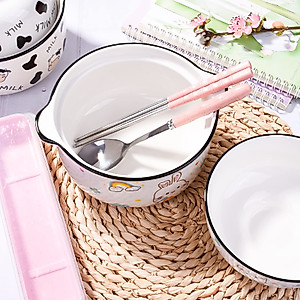 BOSILI Ceramic Ramen Bowl with Lid Cut Instant Noodle Bowl Porcelain Soup Bowl with Spoon and Chopsticks Microwave Ramen Pot Bowl Salad bowl Snack Bowl with Handle (Bunny)