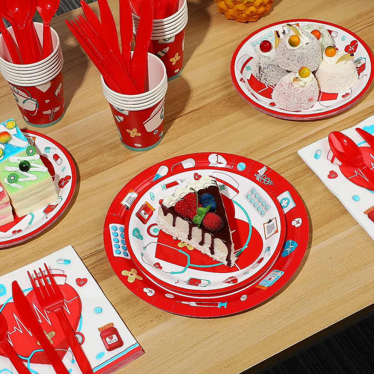 175pcs Nurse Graduation Nurses Week Plates Napkins Set,Thank You Nurse Disposable Party Supplies set, Include Plate, Napkin, Cup, Knife, Fork and Spoon for Nurse Party Decorations, Serve 25 Guest