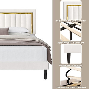 HITHOS Queen Size Bed Frame with Adjustable Tufted Headboard, Velvet Upholstered Platform Bed Frame with Gold Trim, Heavy Duty Mattress Foundation with Steel Frame, Easy-Assembly Slats (Beige, Queen)