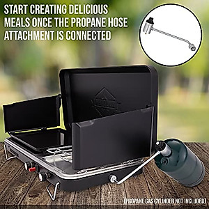 Hike Crew 2-in-1 Gas Camping Stove | Portable Propane Grill/Stove Burner w/Integrated Igniter & Stainless Steel Drip Tray | Built-in Carrying Handle, Foldable Legs & Wind Panels | Includes Regulator