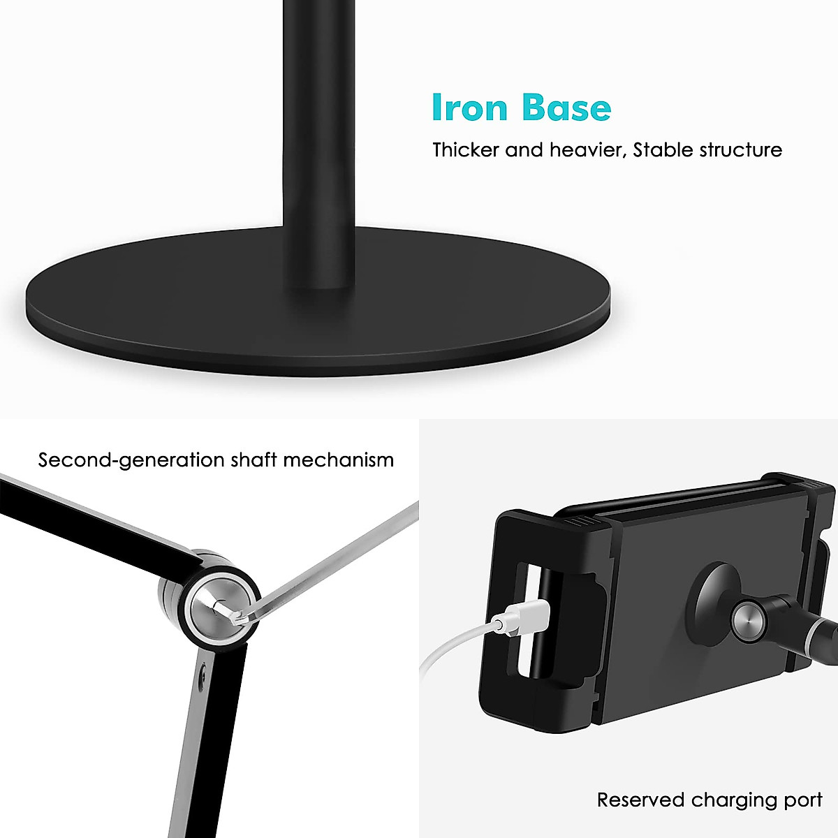 Viozon Tablet Phone Overhead Stand, Height & 360 Degree Angle Adjustable, Aluminum Desktop Stand, Compatible with 3.5-11" Cellphone or Tablet Such as iPhone iPad Pro Air Mini, Samsung, Nexus(AP-4P-B)