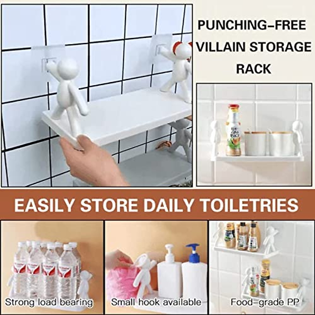 Poluom The Kitchen Toilet Receive Shelf, Cute Villain Floating Shelves, Kitchen Wall Mounted Shelf, Bathroom Bedroom Storage Rack, Punching-Free, No Glue Marks (Grey, 2PCS)