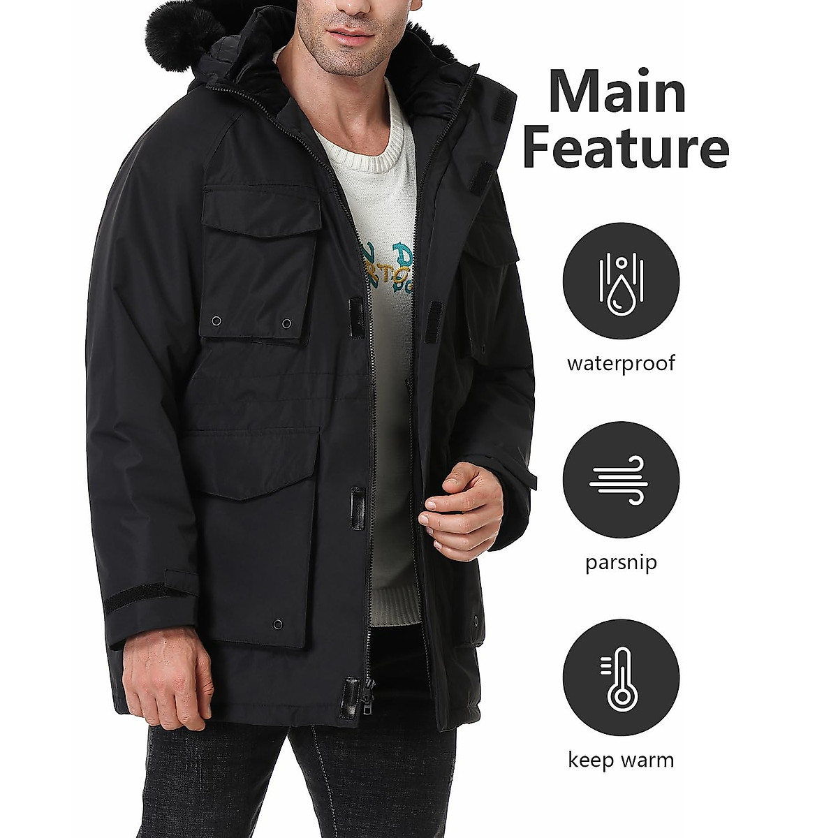 MOERDENG Men's Winter Thickened Warm Down Coats Windproof Waterproof Hooded fashions Puffer Jacket Black M