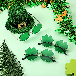 6 Pairs Green Glasses St. Patrick's Day Irish Shamrock Sunglasses Rimless Leprechaun Costume Glasses Four Leaf Clover Green Sunglasses for Women Men