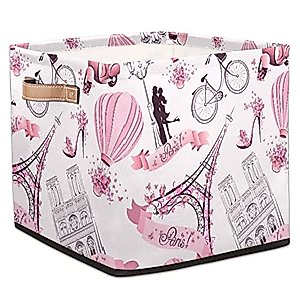 AUUXVA Valentine Paris Eiffel Tower Storage Basket for Closet, Romantic City Love Storage Bins with Handles, Foldable Storage Cube Boxes for Toys Shelves Pantry Nursery Organizing