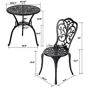 Nuu Garden 3 Piece Outdoor Bistro Table Set, All Weather Aluminum Table and Chairs with Umbrella Hole for Yard, Balcony, Black
