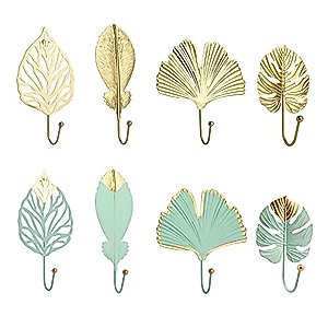 ORYOUGO Set of 8 Decorative Leaves Iron Hooks Plant Modern Key Holder Wall Mounted Single Prong Coat Hanger for Hallways, Living Room, Green+Gold