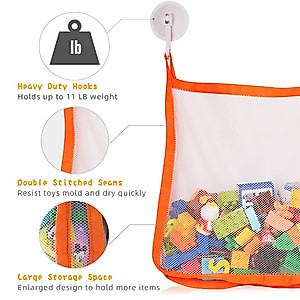 Bath Toy Organizer, SUNDOKI Bath Toy Holder Storage Bags with 4 Suction Cup Hooks and 2 Bath Toy Nets for Kids, Toddlers and Adults (Orange)