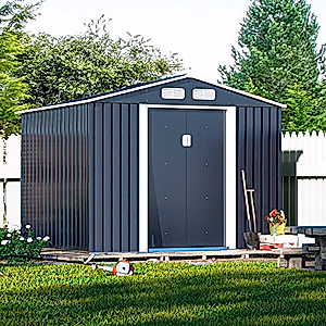 HOGYME Storage Shed 8' x 8' Outdoor Garden Shed Metal Shed Suitable for Storing Garden Tool Lawn Mower Ladder Grey