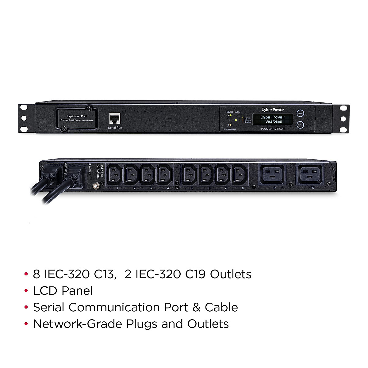 CyberPower PDU20MHVT10AT Metered ATS PDU, 200-240V/20A, 12 Outlets, 1U Rackmount