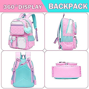 Meetbelify Pink Backpack for Girls School Backpack Aesthetic Backpack for Elementary Student Teen Girls Cute School Bag Kids Kawaii Bookbag for Girls 8-10