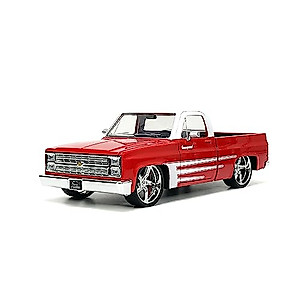 Just Trucks 1:24 1985 Chevy C10 Die-Cast Truck w/Tire Rack, Toys for Kids and Adults(Red/White)