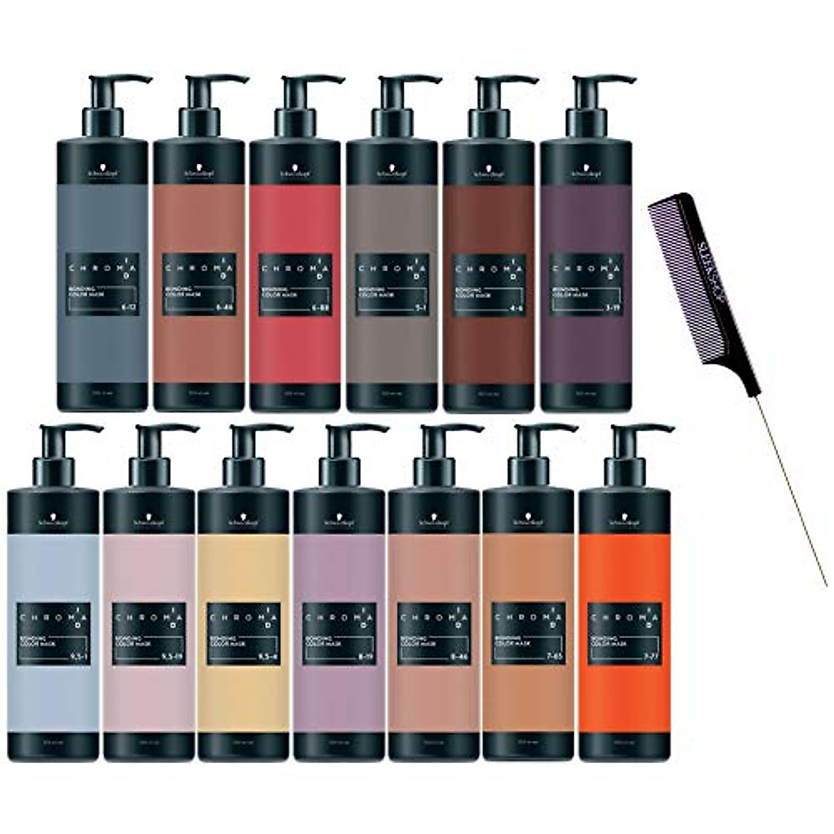 Schwarzköpf Chroma ID Bonding Color Masks, Semi-Permanent Hair Color Dye (w/Sleek Steel Rat Tail Comb) ChromaID Haircolor Masque (6-12 Dark Blonde Cendre Ash - 16.9 oz)