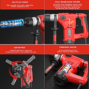 1-Inch SDS-Plus Rotary Hammer Drill, MPT 8.8 Amp Power Hammer Drill, 3 Functions Hammer Drill Heavy Duty for Concrete, Including Chisels, Drill Bits, Grease with Case