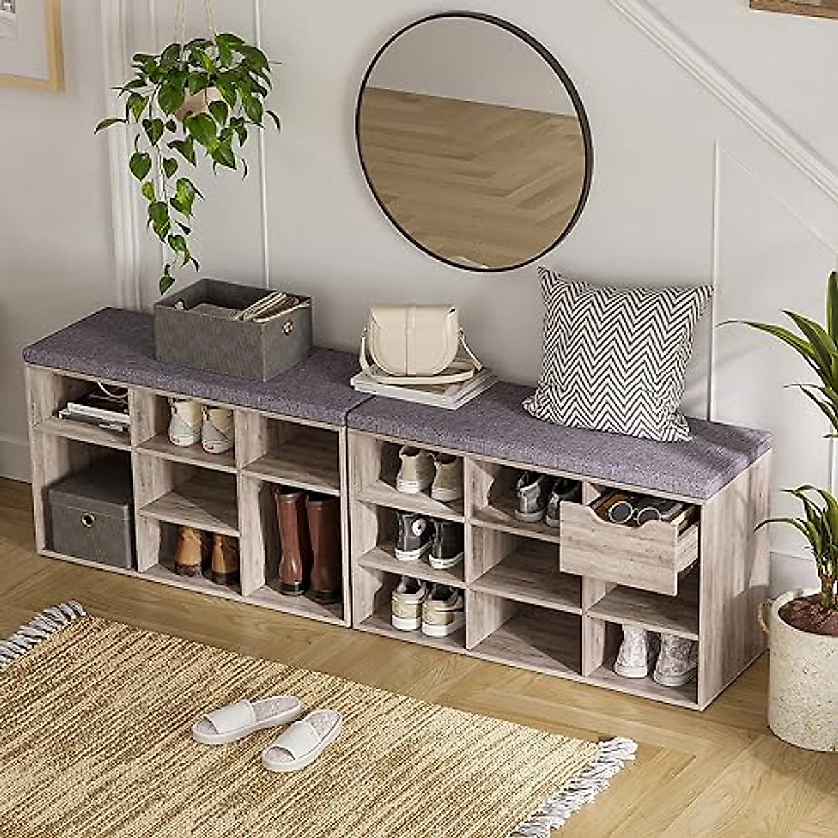 DINZI LVJ Shoe Bench,Entryway Storage Bench with Drawer and 8 Cubbies,Cubby Rack Adjustable Shelves,Shoe Organizer Cabinet for Living Room,Bedroom,Mudroom,Closet Garage,Greige (M04XD01XY01-1)