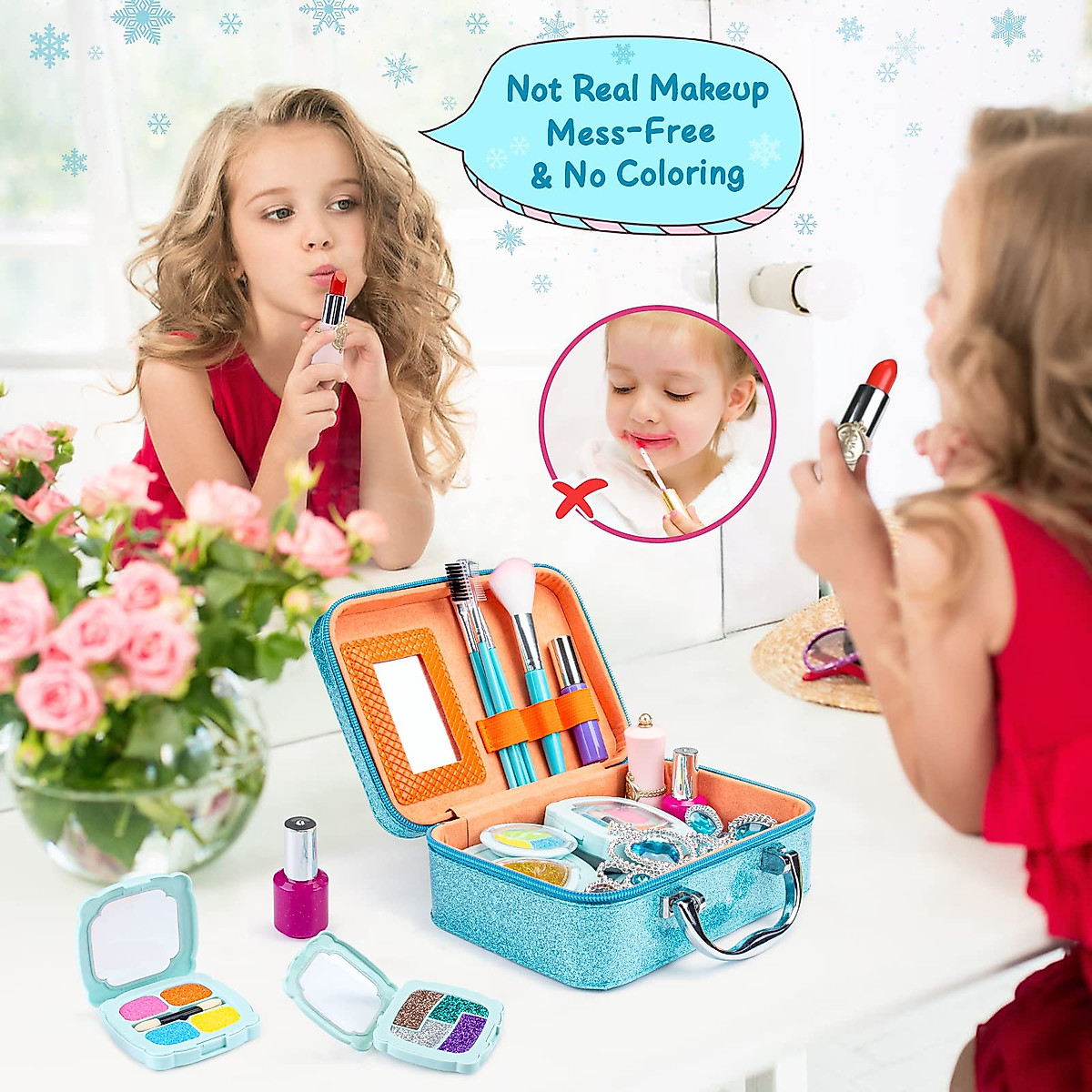 KIDCHEER Kids Makeup Kit for Girls Pretend Play Make up Gift Princess Toys for Kids with Storage Bag,Blue