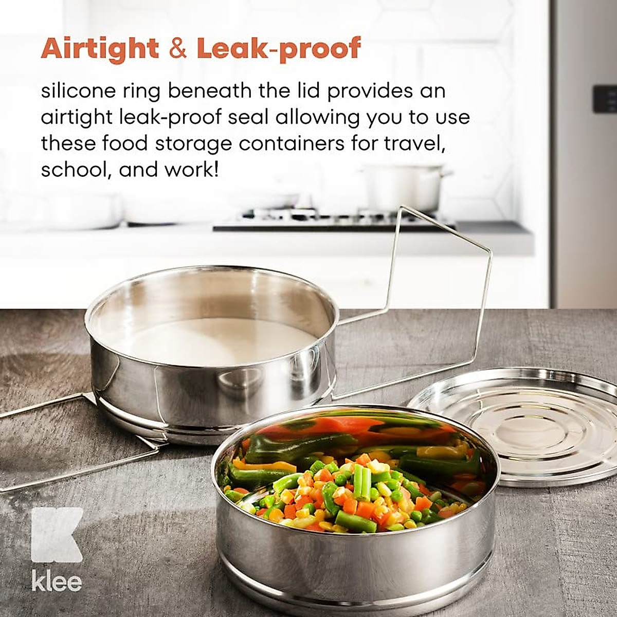 Klee 2 pc Stainless Steel Food Storage Container Set With Lids - Easy Clean, Smell-Proof, Airtight & Leakproof Containers - Large and Extra Large Sizes (50, 67 fl oz) - 304 Stainless Steel