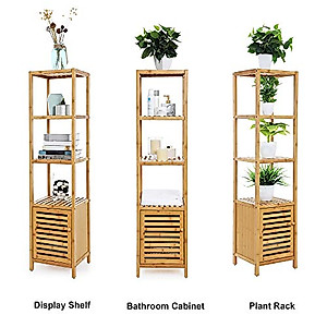 SONGMICS Bamboo Bathroom Storage Floor Cabinet, 4 Tiers Multifunctional Floor Shelving Unit, Free Standing Tower Corner Rack, Natural UBCB50Y