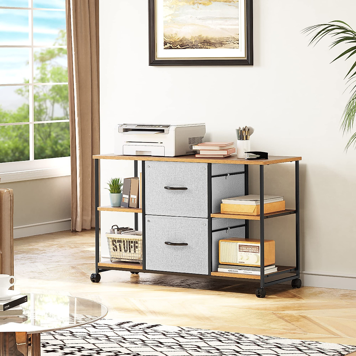 YITAHOME Mobile Lateral File Cabinet, Fabric Mobile Filing Cabinet with 4 Open Storage Shelves, Printer Stand with 2 Drawers for Home Office, Fits A4/Letter Size,Grey & Brown