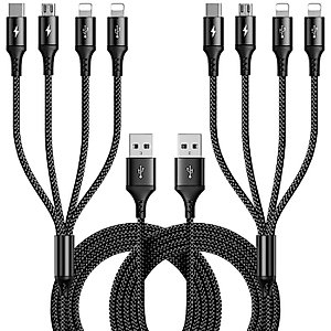 RULUS 4 in 1 Charging Cable [2Pack 4Ft], Fast Charging & Data Sync Multi Phone Charger Cable Nylon Braided USB Charging Cable with Lightning/Type C/Micro USB Port for iPhone,Samsung Tablets,Carplay