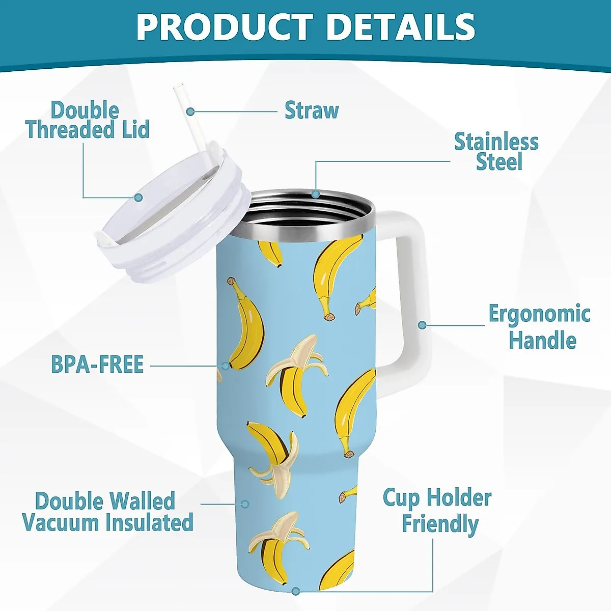Light Blue Banana 40 oz Tumbler with Handle and Straw Insulated Reusable Leak-proof Travel Coffee Mug Cup with Lid Thermal Stainless Steel Water Bottle for Coffee Iced Tea