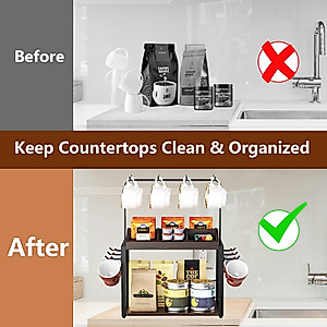 ORNAROVI Coffee Cup Holder with Partitioned Storage, 2 Tier Mug Racks for Counter, Coffee Mug Holder with Open Shelf and 15 Hooks, Coffee Bar Accessories and Organizer for Kitchen, Office (Black)