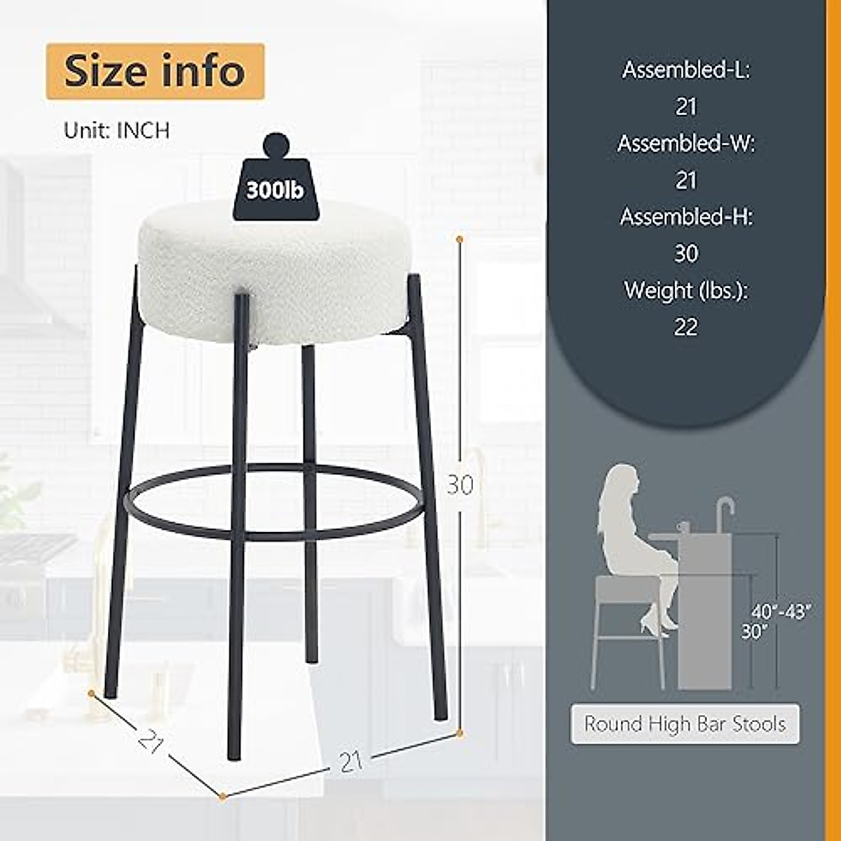 Dolonm 30 Inch Round Bar Stools Set of 2, Teddy Fabric Upholstered, Bouclé and Sherpa Chairs, Backless Kitchen Island Stools, Metal Frame Bar Chairs, Beige with Black Legs (Set of 2)