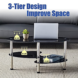 Oval-Shaped Glass Tea Table for Office, 3-Tier Modern Coffee Table, End Table for Living Room (Black)