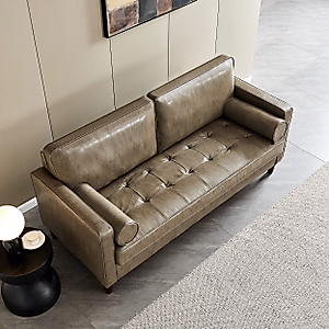 TARTOP Vegan PU Leather Living Room, Mid-Century Upholstered 3 Sofa Couch with 2 Pillows,Hidden Storage Space and Button Tufted Seat for Home or Office,Khaki