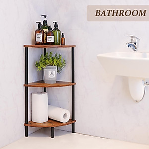 Ymesiyou 3 Tier Corner Shelf Stand, 28 Inch Rustic Industrial Corner Bookshelf, Storage Standing Shelf Unit, Plant Stand, Short Corner Table for Small Spaces in Living Room,Bedroom,Home Office