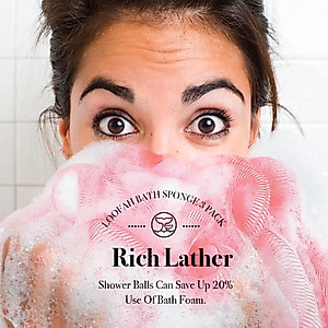 WhaleLife Bath Loofah Sponge Shower Pouf Puff for Men Women 3 Pack (Pink Blue Yellow)