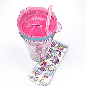 Snack and Drink Cup, Rainbow Theme, Kid's Combo All-in-One Tumbler for On-The-Go, Bonus Sheet of Fun Unicorn and Caticorn Stickers, Straw Included, Pink