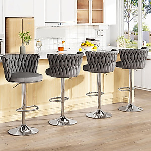 Lamerge Velvet Bar Stools Set of 4,Modern Swivel Bar Chairs Counter Height Barstool,Adjustable Barstools with High Backrest,Upholstered Kitchen Island Chairs,Grey