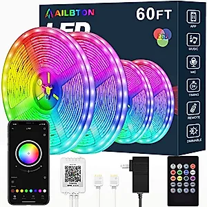 AILBTON Led Strip Lights,60ft Led Light Strip Music Sync Color Changing RGB Led Strip Built-in Mic,Bluetooth App Control LED Tape Lights with Remote,5050 RGB Rope Light Strips