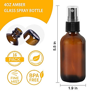 STARSIDE 16 Pack4oz Amber Glass Spray Bottles with Fine Mist Sprayer & Dust Cap for Essential Oils, Perfumes,Cleaning Products, 120 ml Fine Mist Glass Spray Bottle