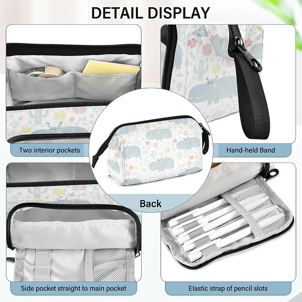 Custom Cute Hippo Pencil Bag Pencil Case Personalized Large Capacity Pen Box Customized Pencil Pouch Organizer Pen Bag for School Office Students