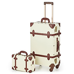 CO-Z Vintage Luggage Sets, 2 Piece Retro Suitcase with Spinner Wheels TSA Lock and Carry On Briefcase, Large 24" Trunk Small 12" Train Case Leather Travel Luggage Set for Women Men, Beige