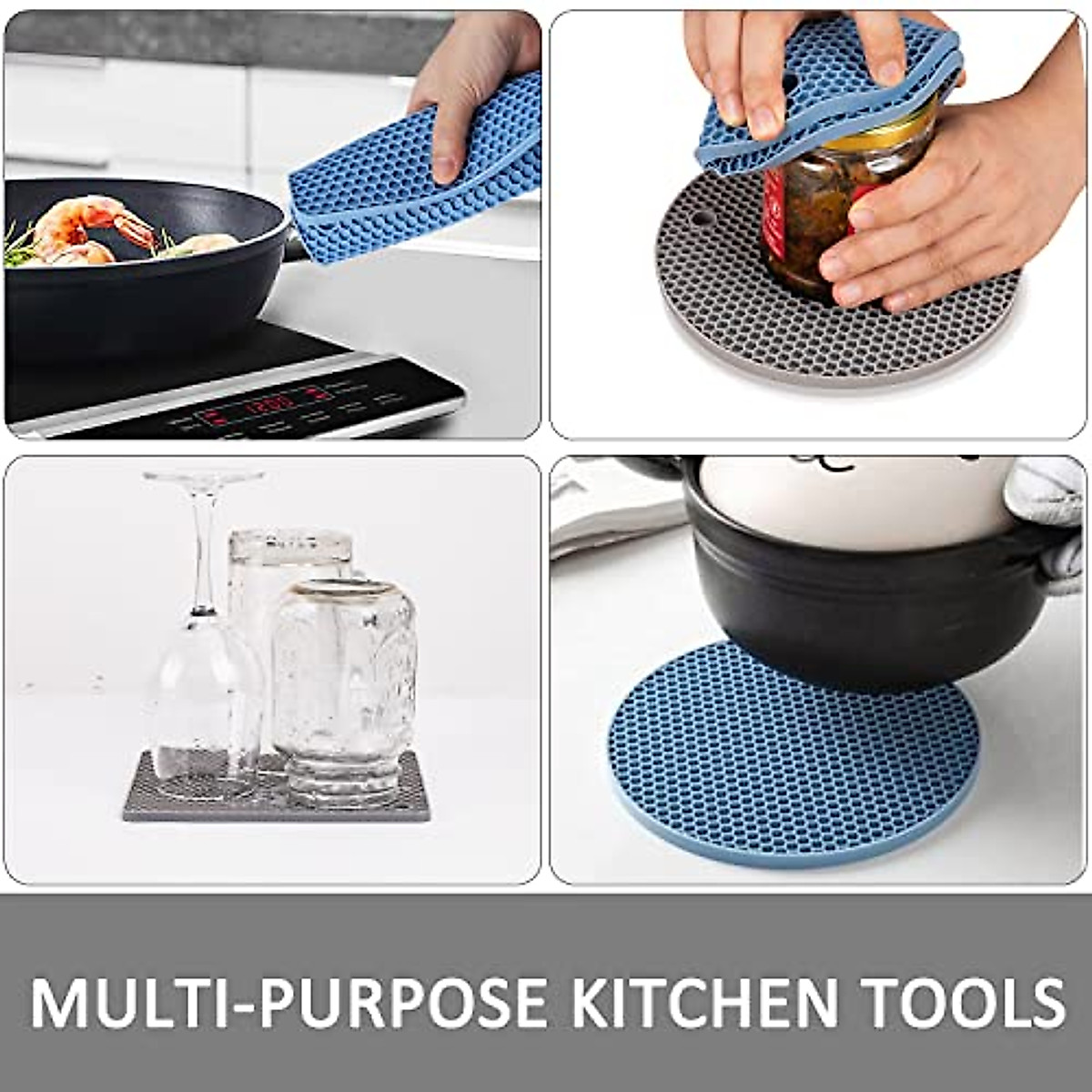 Silicone Trivet Mats, Silicone Pot Holders for Hot Pan and Pot Pads. Heat Resistant Counter Mats for Tables, Countertops, Spoon Rest and Large Coasters, 4 Pack Gray& Blue(2 Squared + 2 Round Mats)