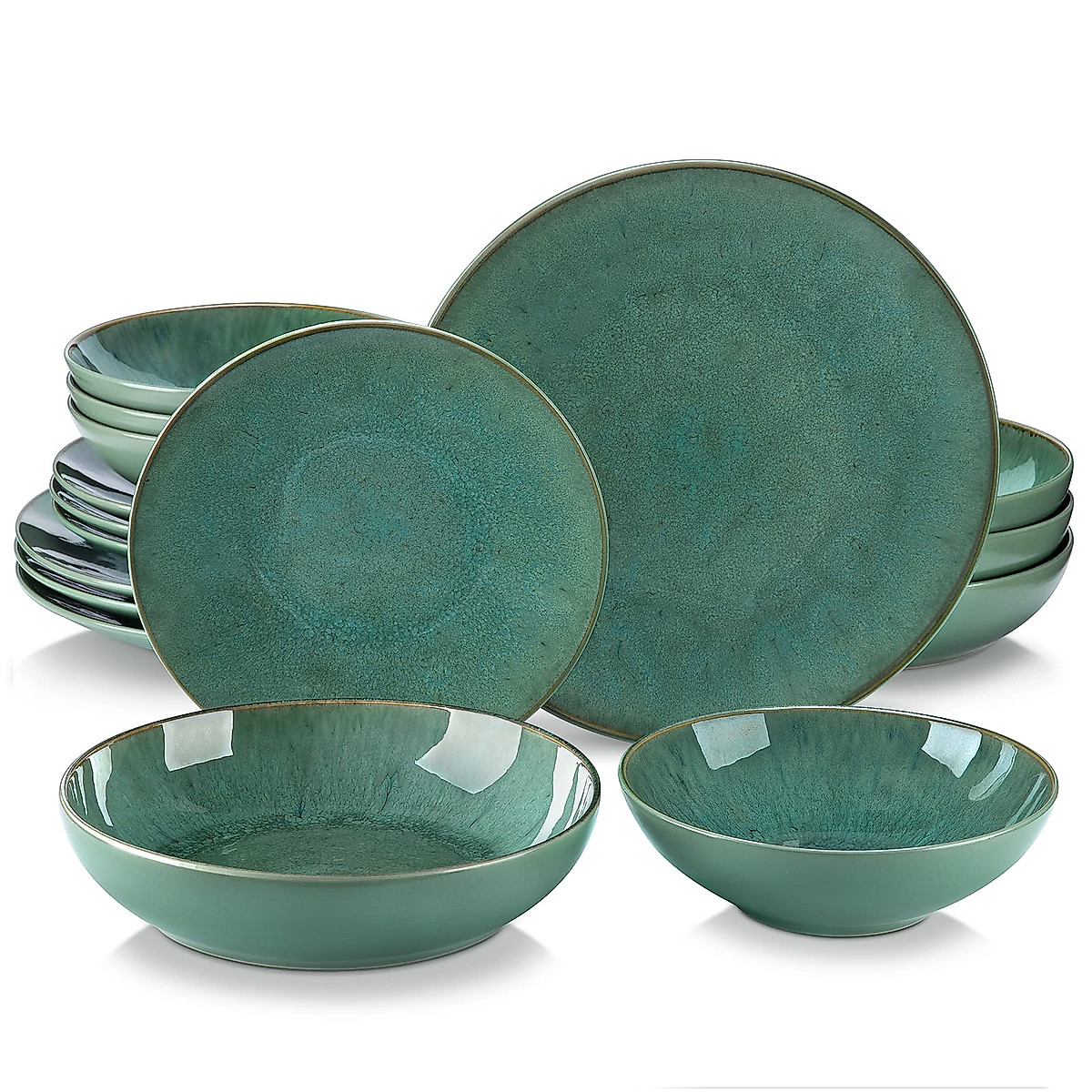 vancasso Karst 16 Pieces Dinnerware Set, Round Dish Set, Plates and Bowls Set, Green
