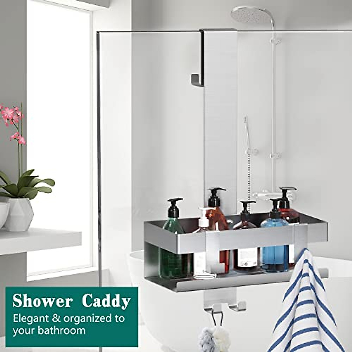 Emibele Shower Caddy Stainless Steel Hanging Glass Shower Shelf with Hooks, No Drilling Shower Basket Lotion Towel Holder for Bath Glass Door, Silver