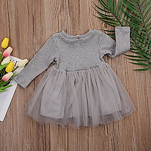 Mubineo Toddler Girl Long Sleeve Knit Dresses Baby Infant Flower Tutu Spring Fall Dress (Grey, 12-18 Months)